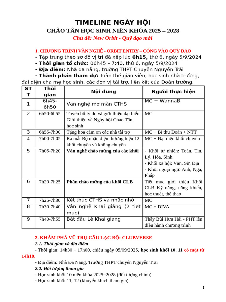Thông báo - Timeline Chương trình Chào tân học sinh 25-28 | PDF