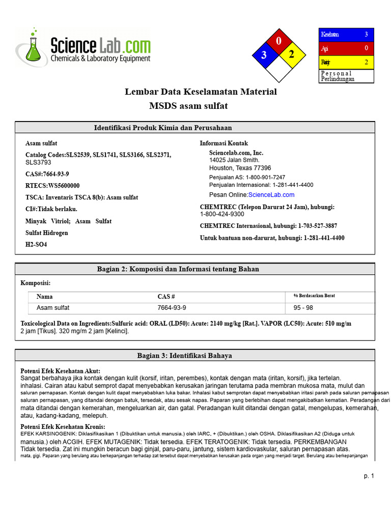 MSDS Asam Sulfat PDF | PDF