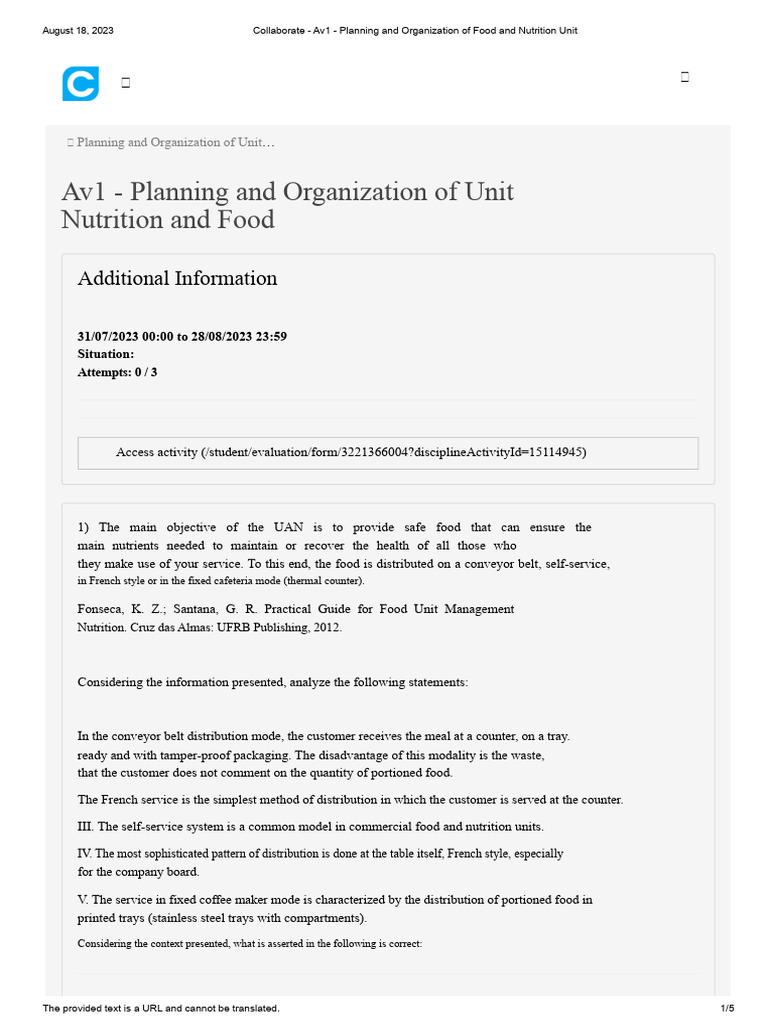 Collaborate - Av1 - Planning and Organization of Food and Nutrition ...