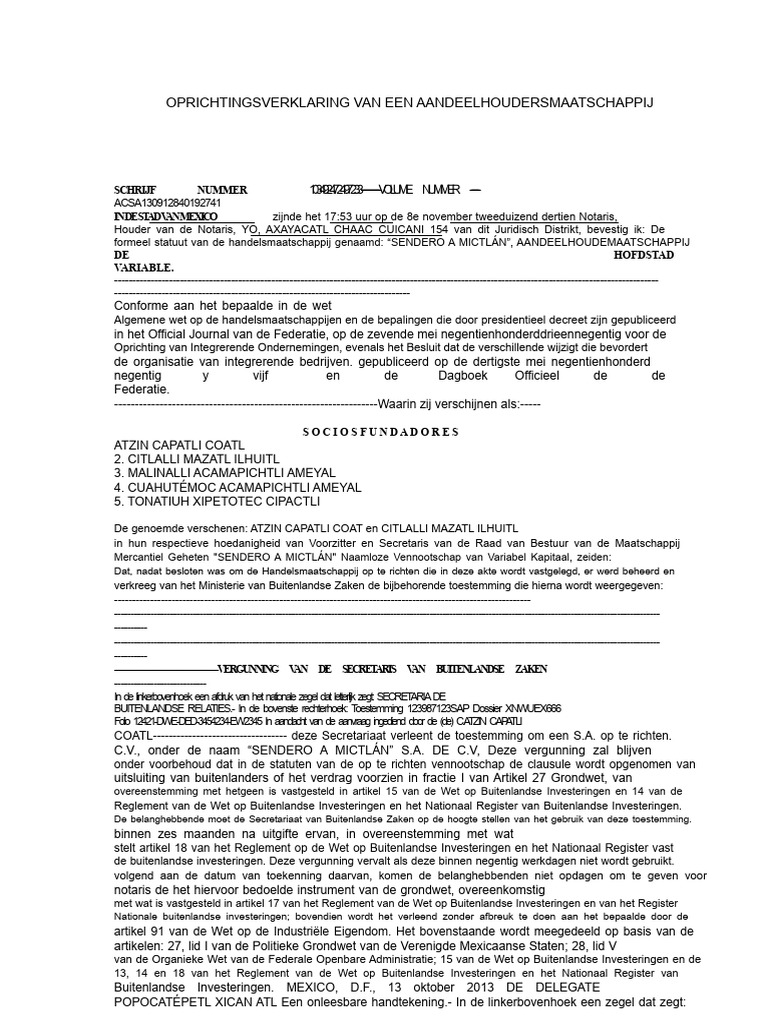 OPRICHTINGSAKTE VAN EEN AANDEELHOUDERSMAATSCHAPPIJ | PDF