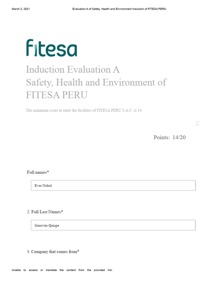 Safety, Health and Environment Induction Assessment A of FITESA PERU ...