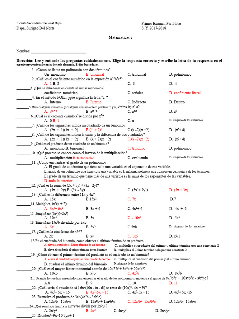 Examen de Matemáticas 8 - Escuela Dapa | PDF | División (Matemáticas ...