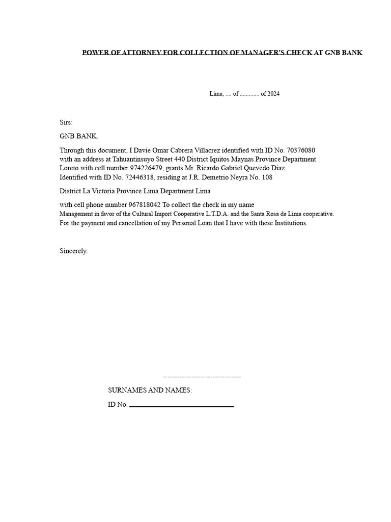 Power of Attorney For Collection of Manager's Check at GNB Bank ...