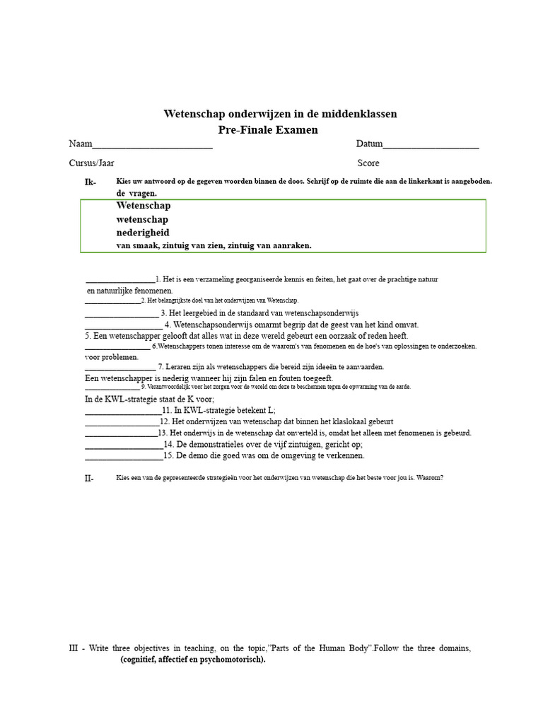 Wetenschap Onderwijzen in de Tussenschoolse Klassen Voorlopig Einde | PDF