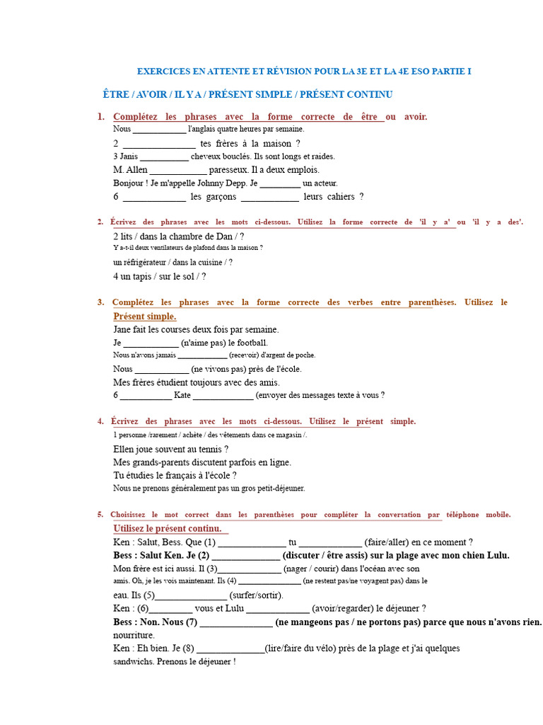 Être, Avoir, Il y A, Présent Simple, Présent Continu. | PDF