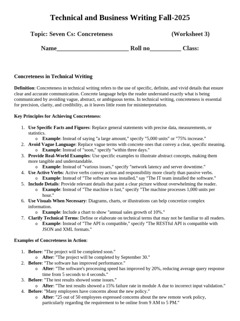 7Cs Worksheet 3 Concreteness | PDF | Communication | Usability