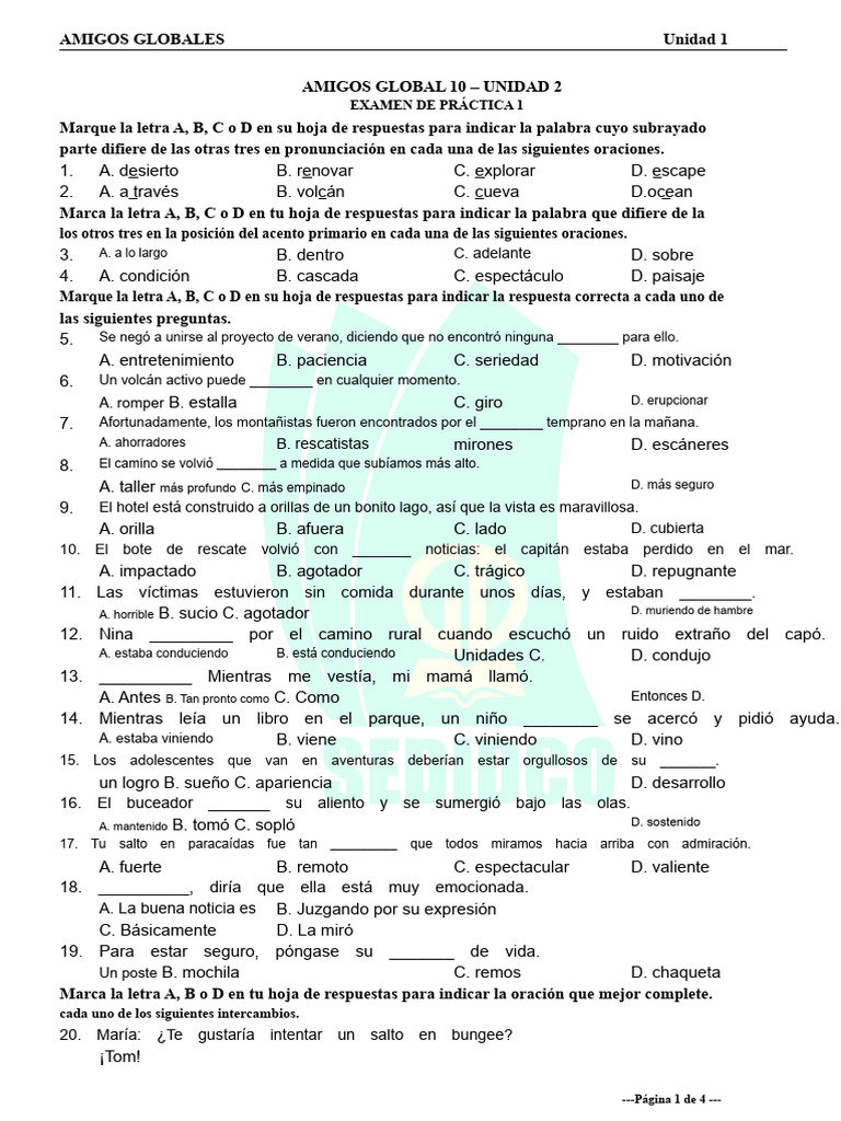 Inglés 10 Amigos Global - Unidad 2 - Prueba 1 | PDF