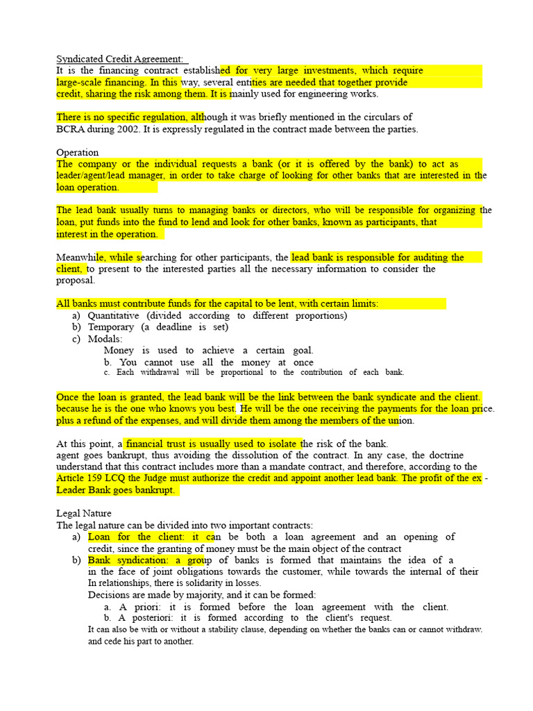 Syndicated Credit Agreement Overview | PDF | Banks | Credit