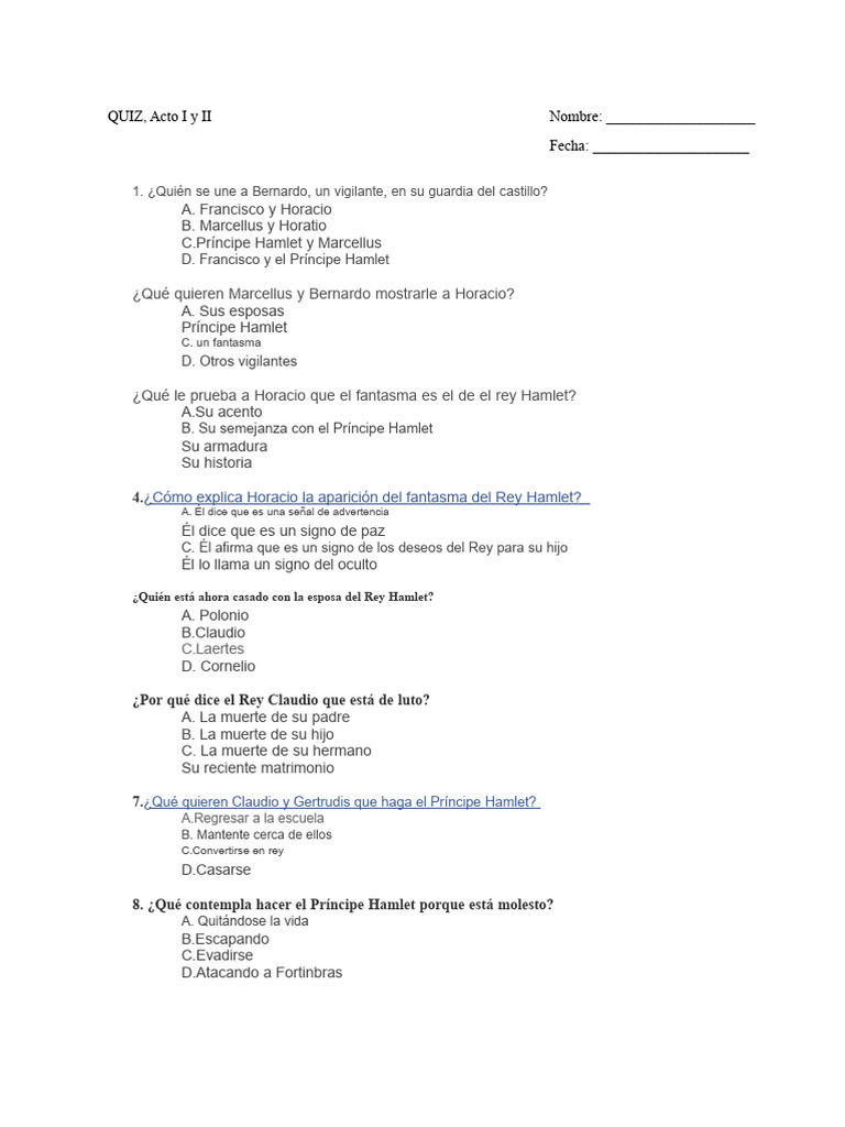 Quiz sobre Hamlet: Actos I y II | PDF | Aldea