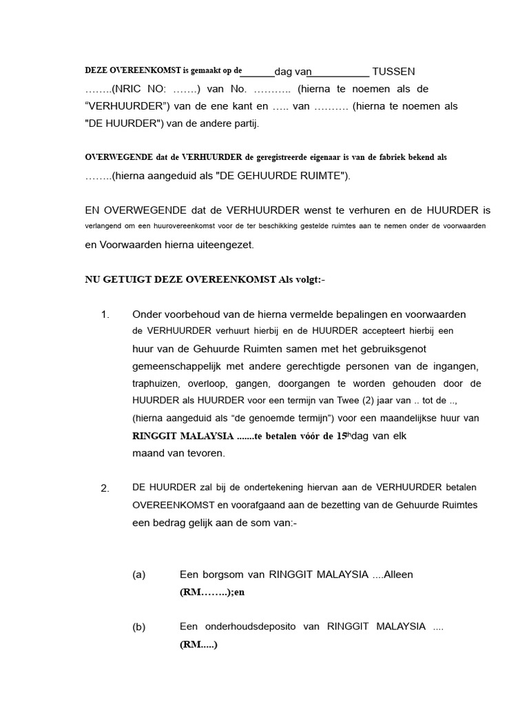 Voorbeeld Huurovereenkomst - Fabriek PDF | PDF