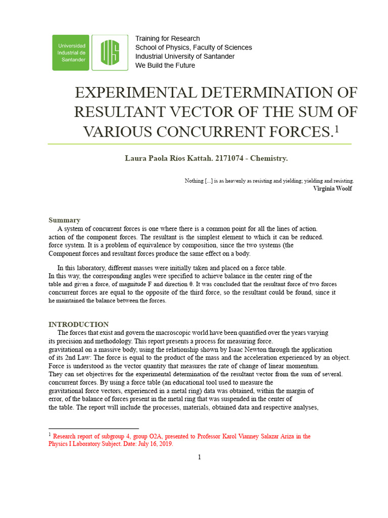Report 4. Experimental Determination of The Resultant Vector of The Sum of Several Concurrent ...