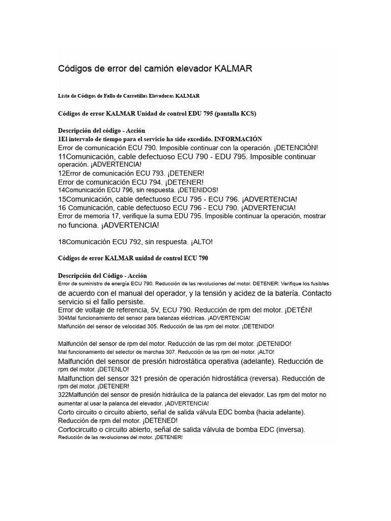 Códigos de Error Del Camión Elevador KALMAR | PDF | Bomba | Acelerador