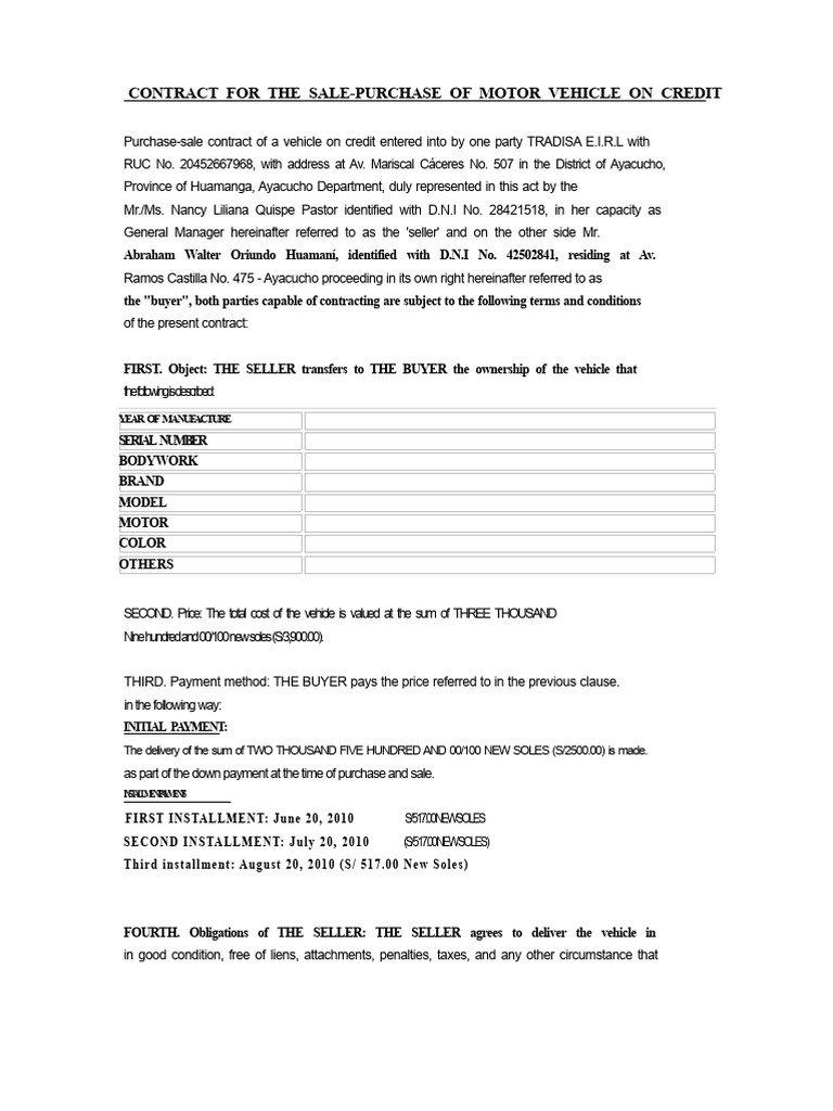Vehicle Sale-Purchase Contract on Credit | PDF | Civil Law (Legal ...