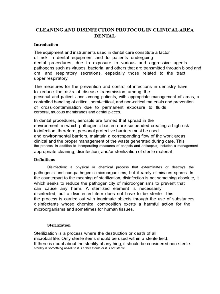 Cleaning and Disinfection Protocol in Dental Clinic Area | PDF | Disinfectant | Sterilization ...