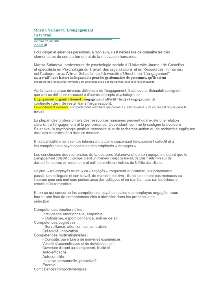 Engagement au travail : clés et compétences | PDF | Gestion des ...