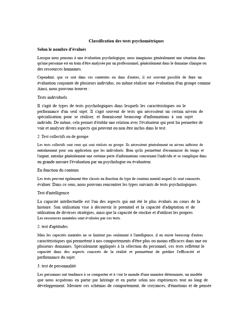 Classification des tests psychométriques | PDF | Test psychologique ...