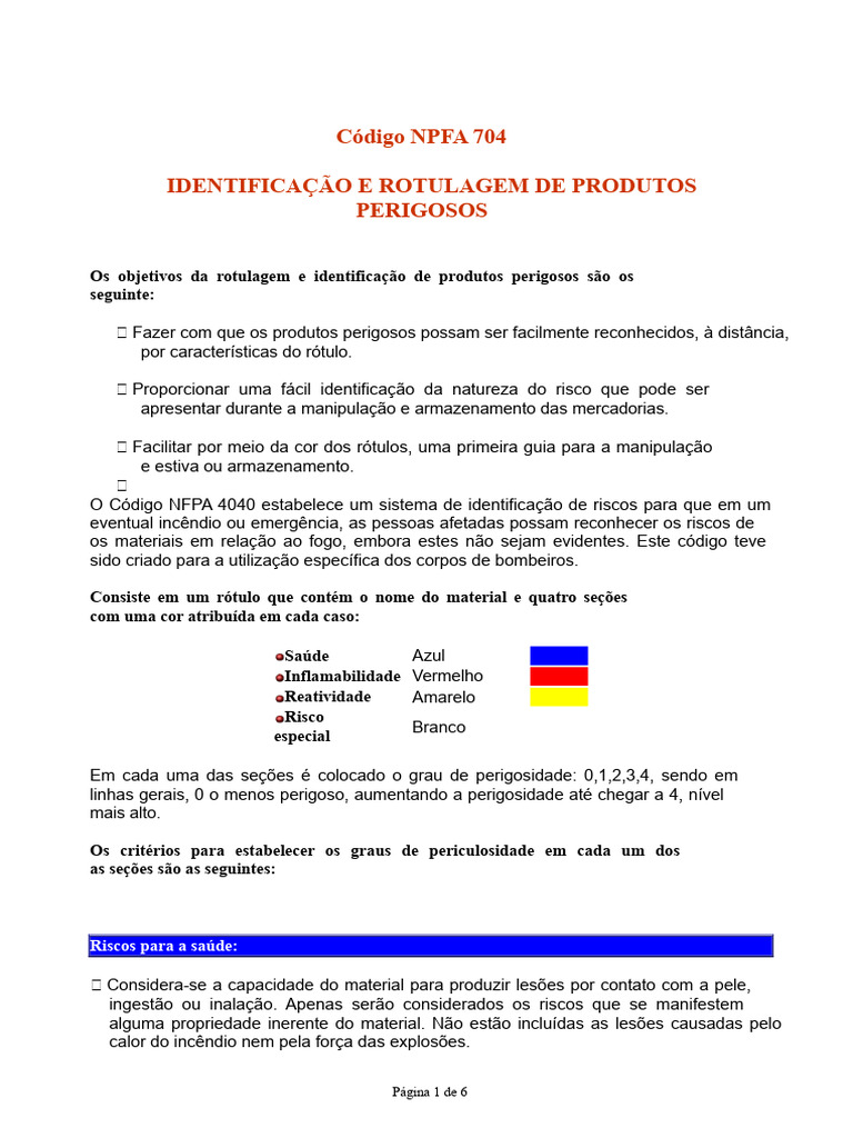 Código NFPA 704: Identificação de Riscos | PDF | Temperatura | Toxicidade