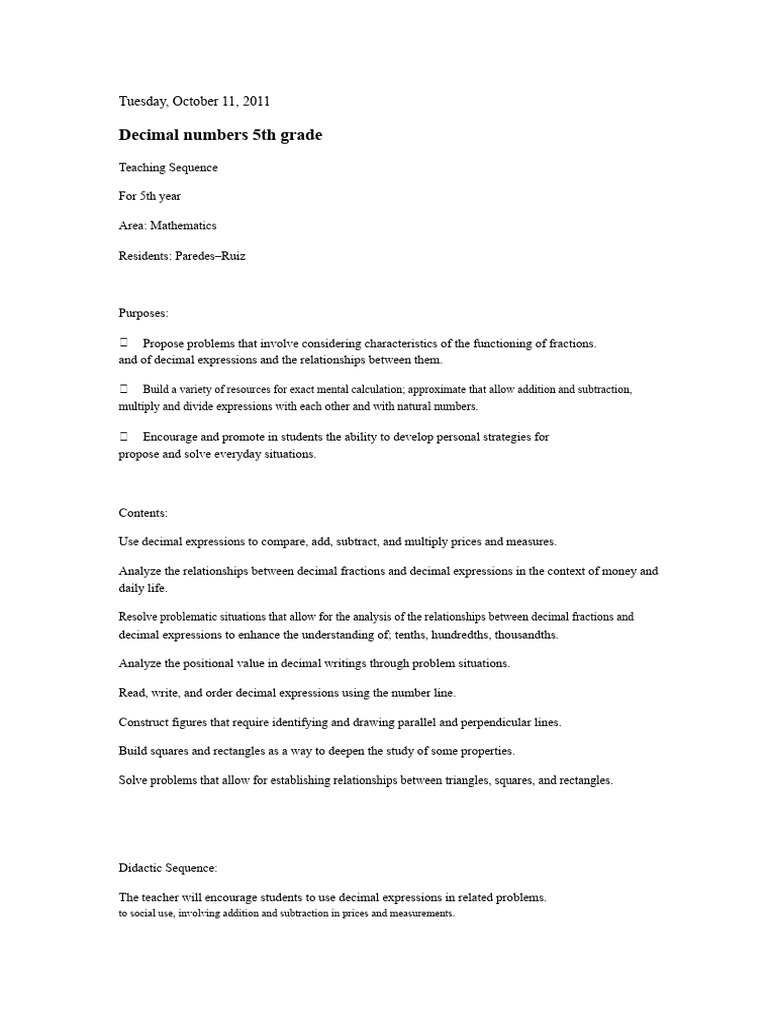 lesson plan decimal numbers | PDF | Decimal | Numbers