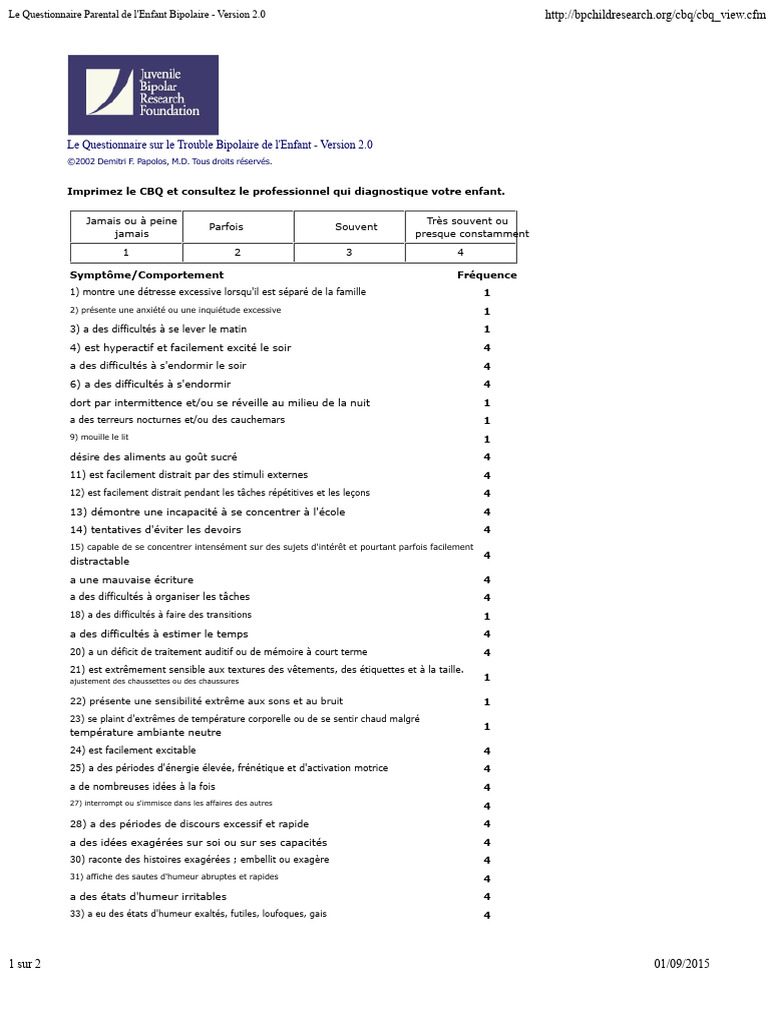 Le Questionnaire Parent-Enfant Sur Le Trouble Bipolaire - Version 2 ...