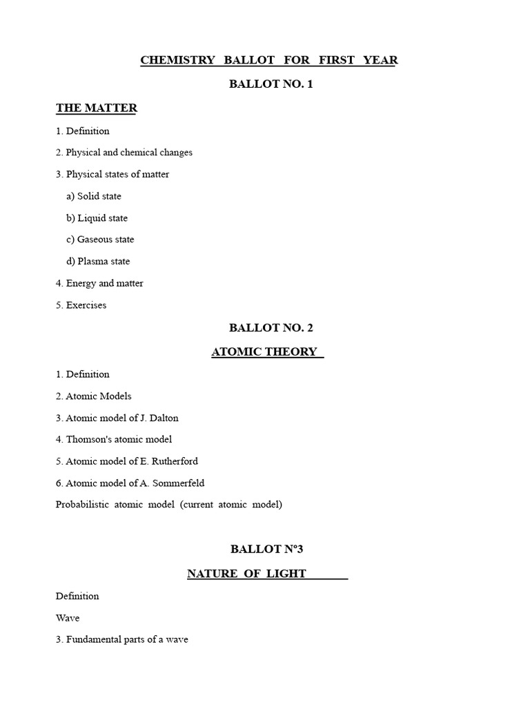 Chemistry Ballot First Year | PDF | Chemistry | Atoms