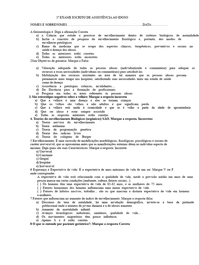 1º Exame Escrito de Assistência Ao Idoso | PDF | Envelhecimento ...