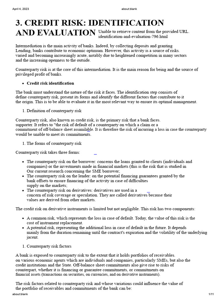CREDIT RISK - IDENTIFICATION and Evaluation | PDF | Financial Risk ...