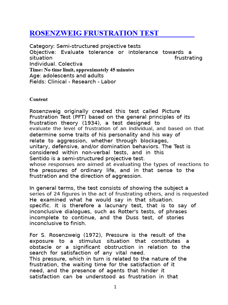 Rosenzweig Frustration Test Overview | PDF | Aggression | Guilt (Emotion)