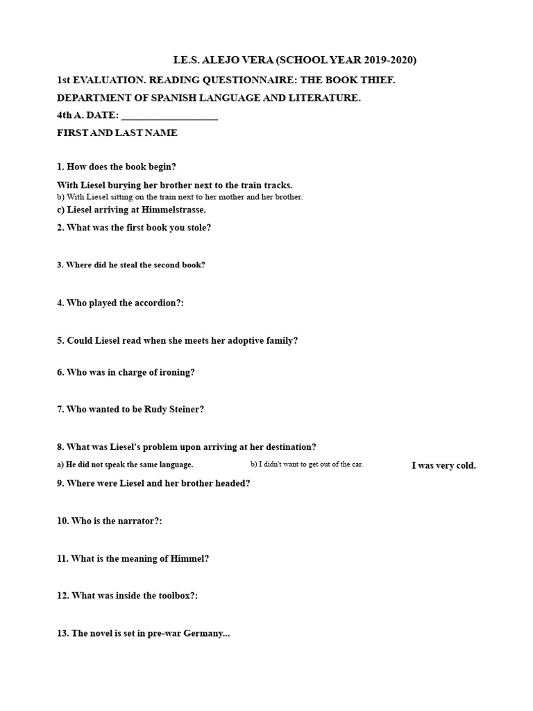 4th Year of ESO Reading Questionnaire: The Book Thief | PDF