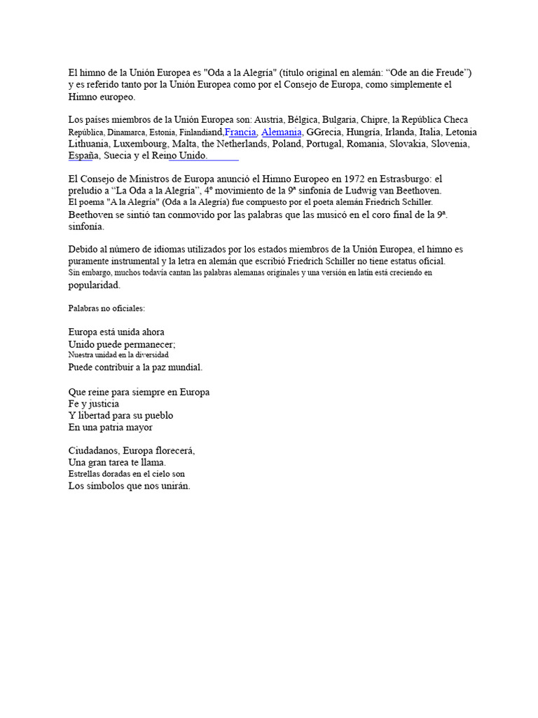 El Himno de La Unión Europea - LETRA NO OFICIAL | PDF