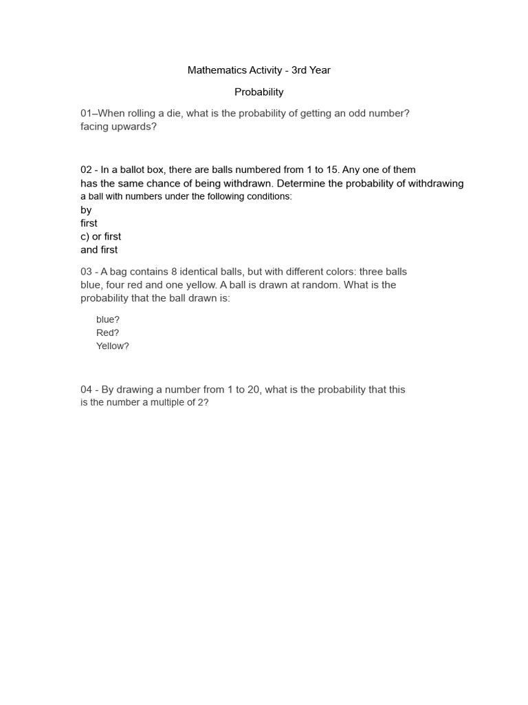 Mathematics Activity - 3rd Grade - Probability | PDF