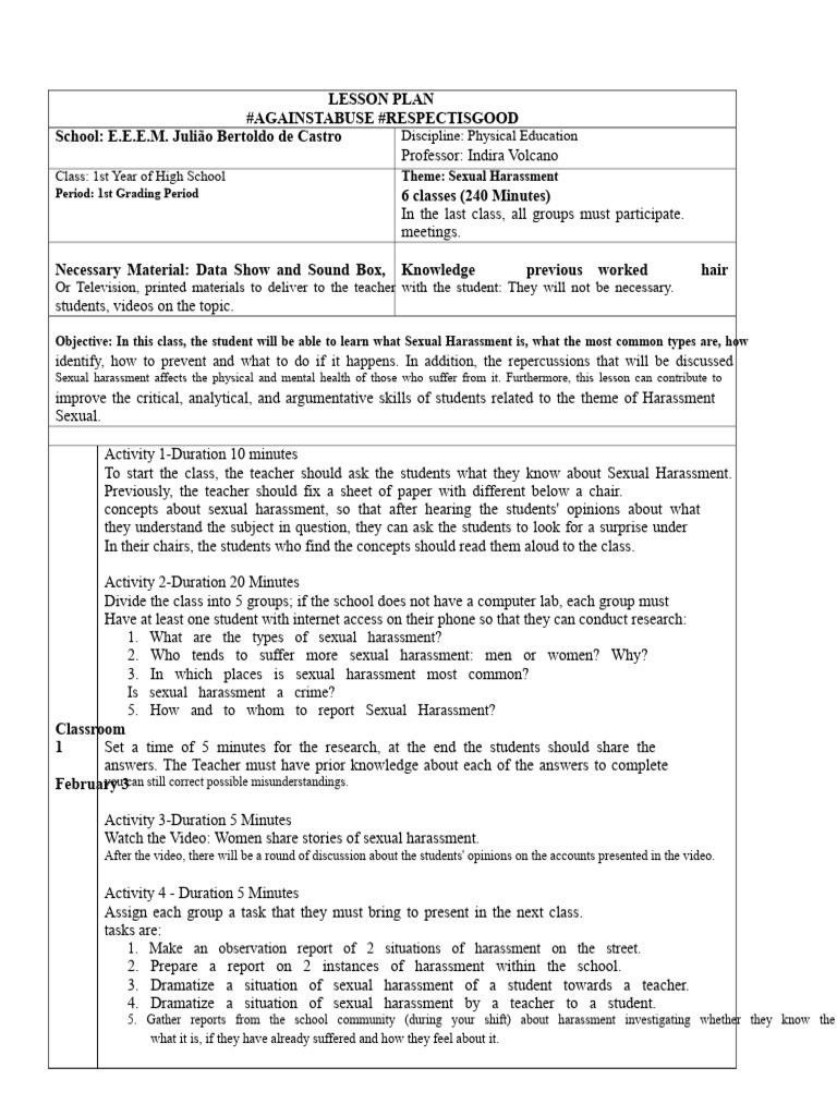 LESSON PLAN Sexual Harassment | PDF | Sexual Harassment | Teachers
