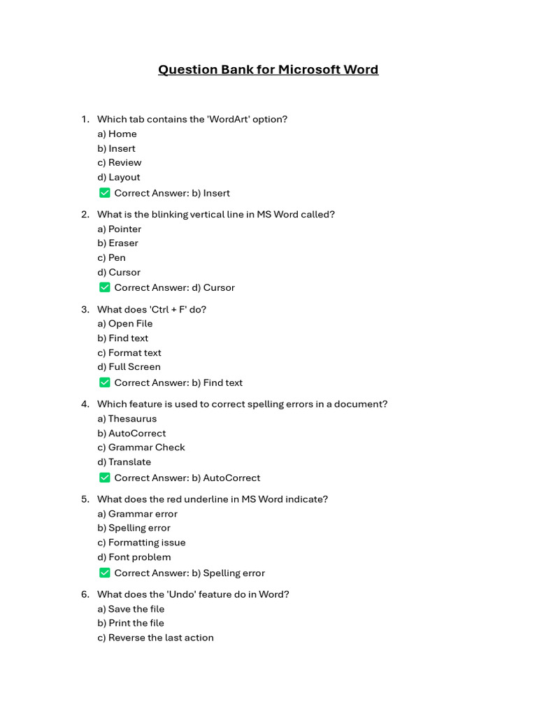 Microsoft Word Question Bank Guide | PDF | Microsoft Word | Cursor ...