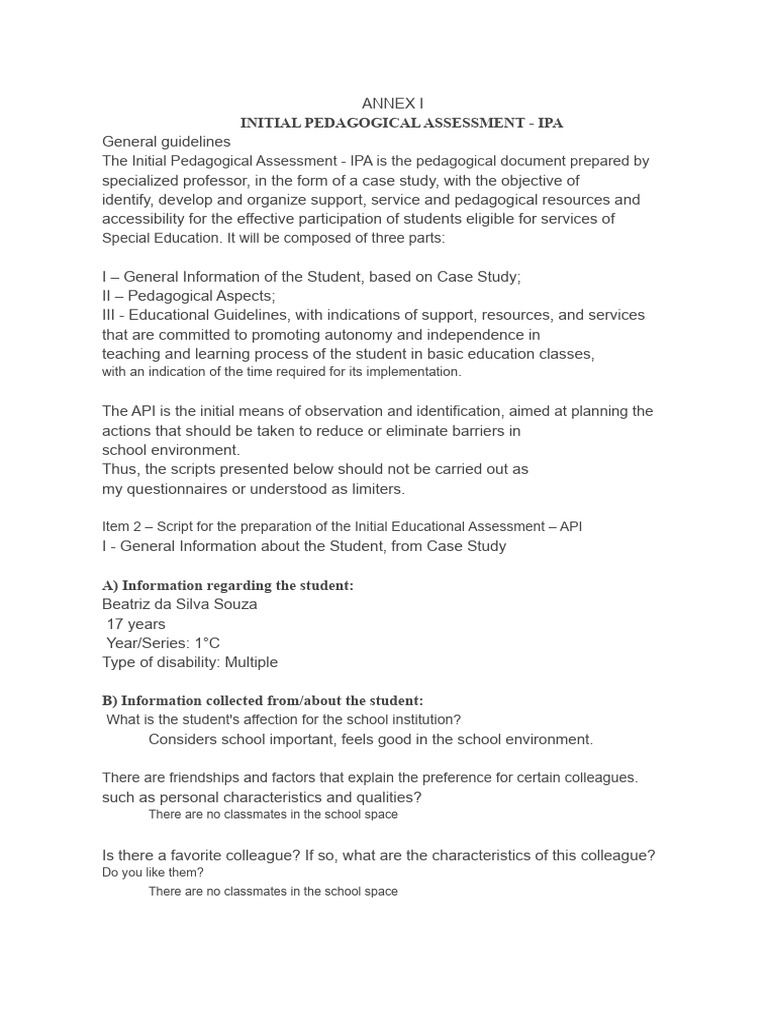 Beatriz Da Silva Souza INITIAL PEDAGOGICAL ASSESSMENT - IPA | PDF ...