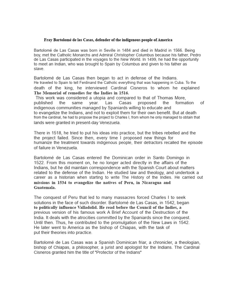 Bartolomé de Las Casas: Indigenous Advocate | PDF | Spanish ...