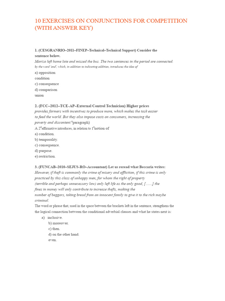 10 Exercises On Conjunctions For Competitions | PDF | Sentence ...
