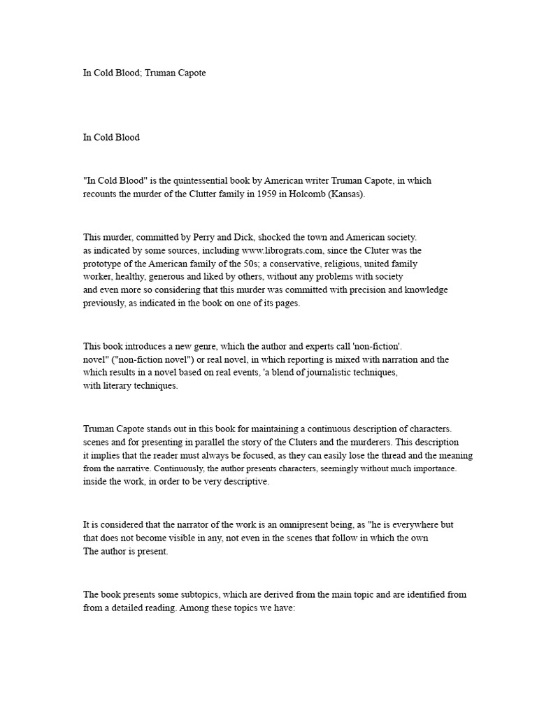 In Cold Blood: Capote's Non-Fiction Novel | PDF