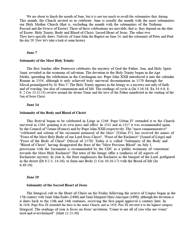 June Solemnities in the Catholic Church | PDF | Eucharist | Catholic Church