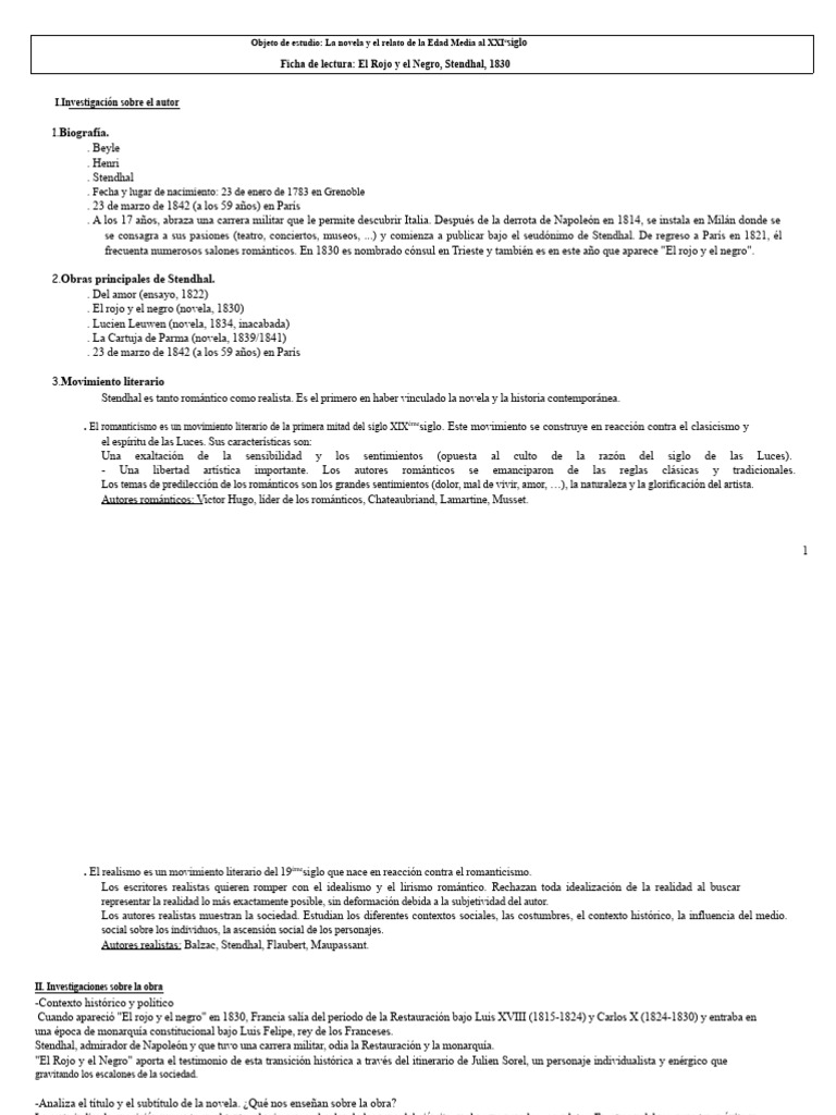 Ficha de Lectura Rojo y Negro | PDF