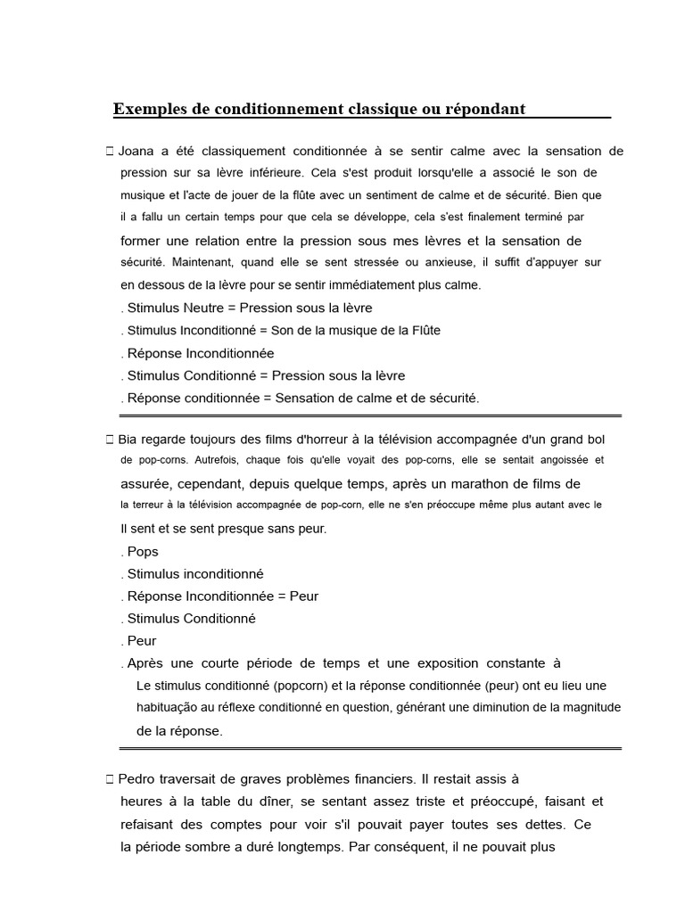 Exemples de conditionnement classique en psychologie | PDF | Peur ...