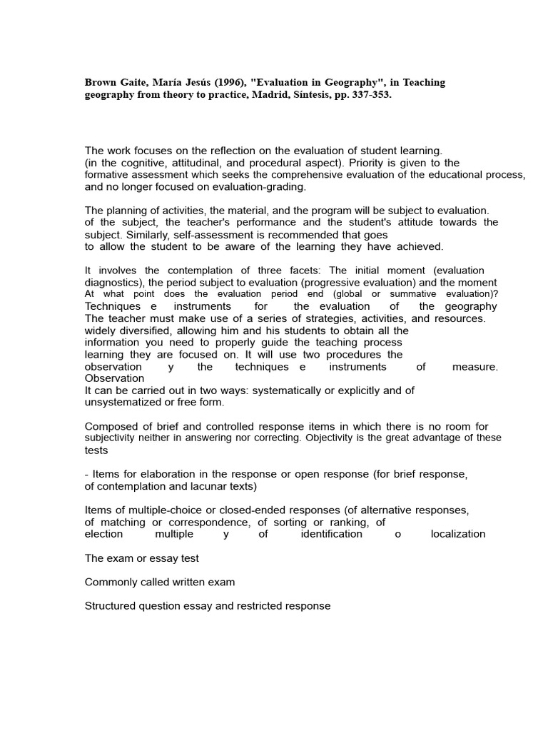 THE EVALUATION IN GEOGRAPHY Marrón Gaite | PDF | Educational Assessment ...