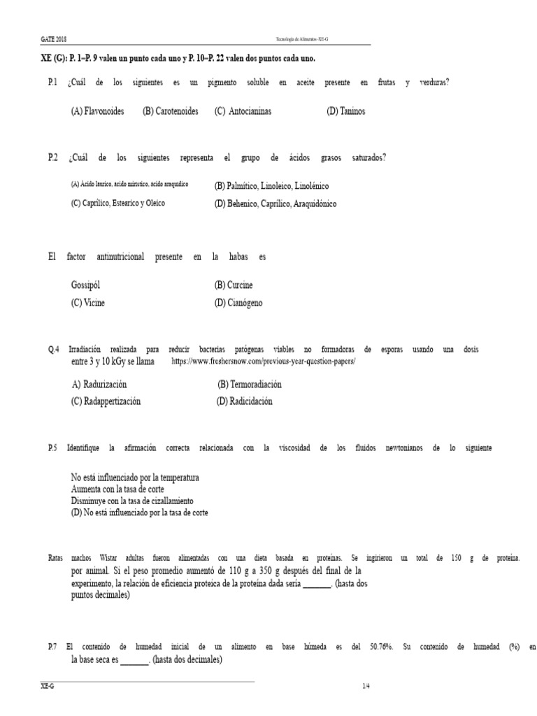Preguntas de Examen GATE 2018: Tecnología de Alimentos | PDF | Calor ...
