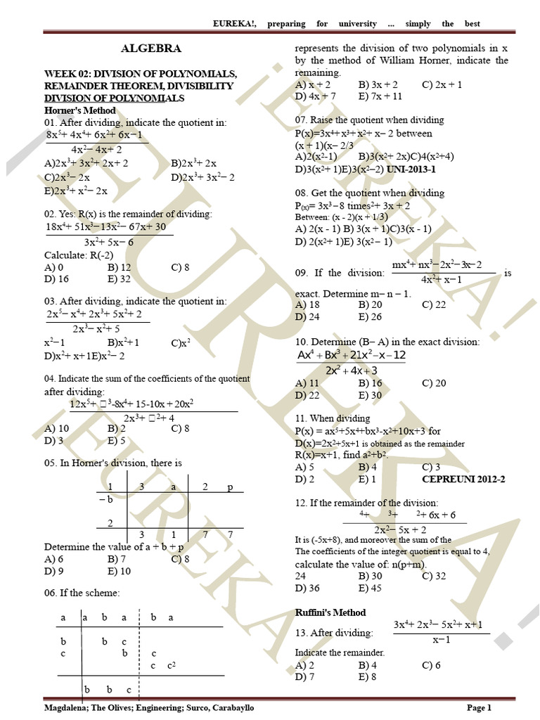 ALGEBRA_02_DIVISION OF POLYNOMIALS-REMAINDER THEOREM-DIVISIBILITY | PDF | Polynomial ...