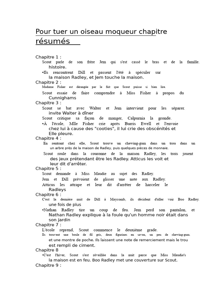 Résumé Des Chapitres de Ne Tirez Pas Sur L'oiseau Moqueur | PDF | Ne ...