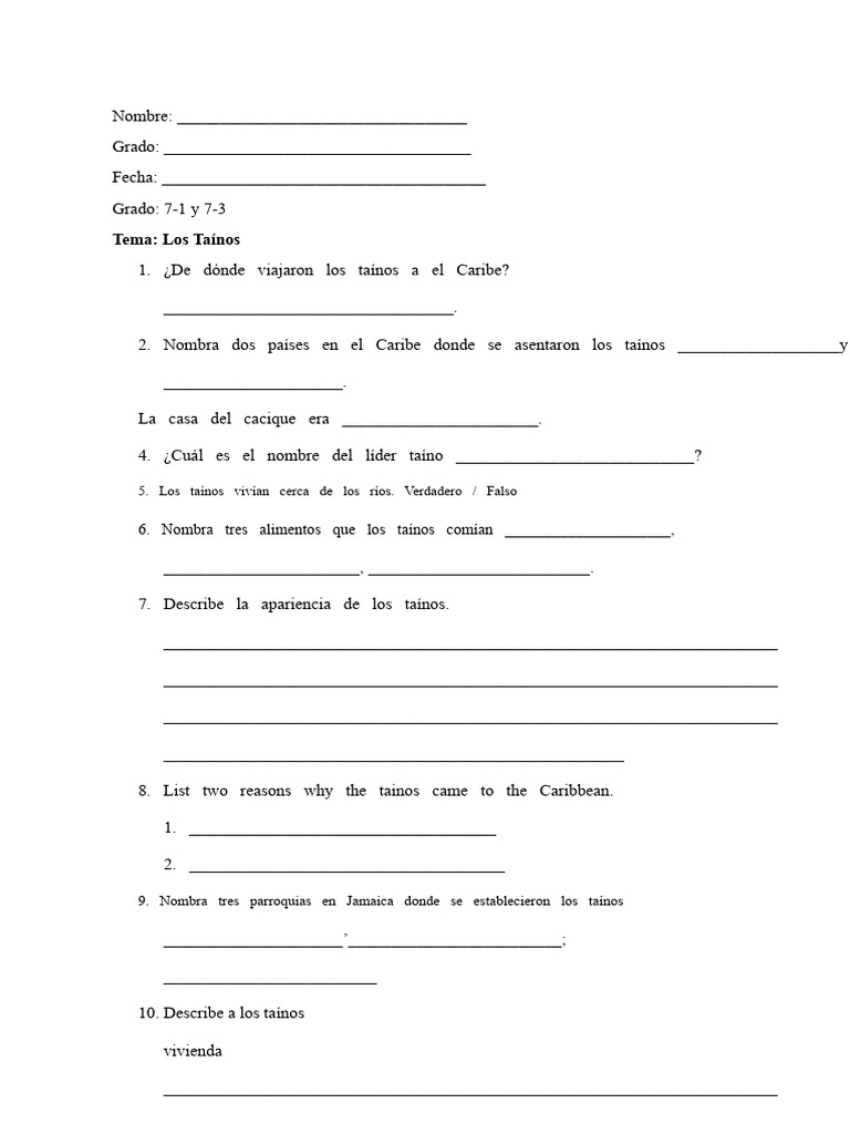 Hoja de Trabajo de Los Taínos | PDF