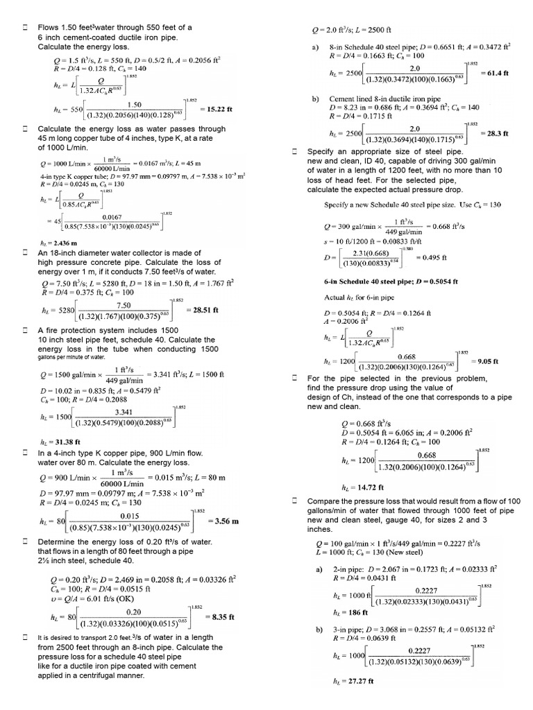 Energy Loss Calculations in Water Pipes | PDF