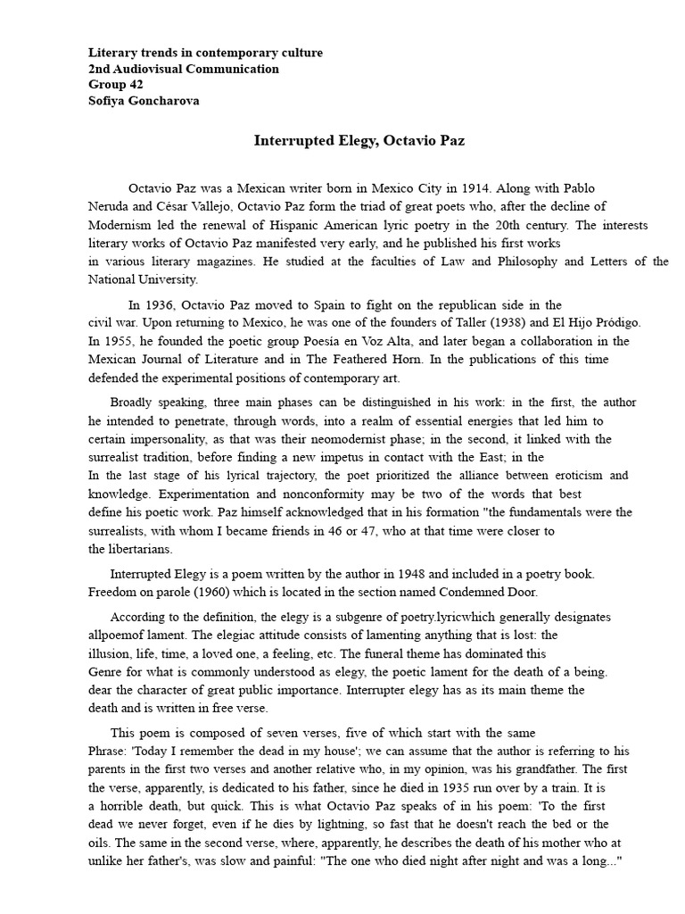 Octavio Paz. Interrupted Elegy | PDF | Poetry