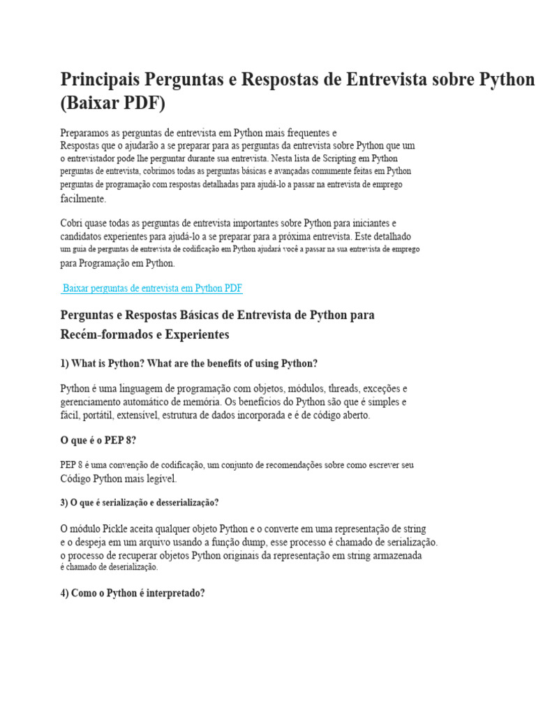 Principais Perguntas e Respostas de Entrevista de Python | PDF | Python (linguagem de ...