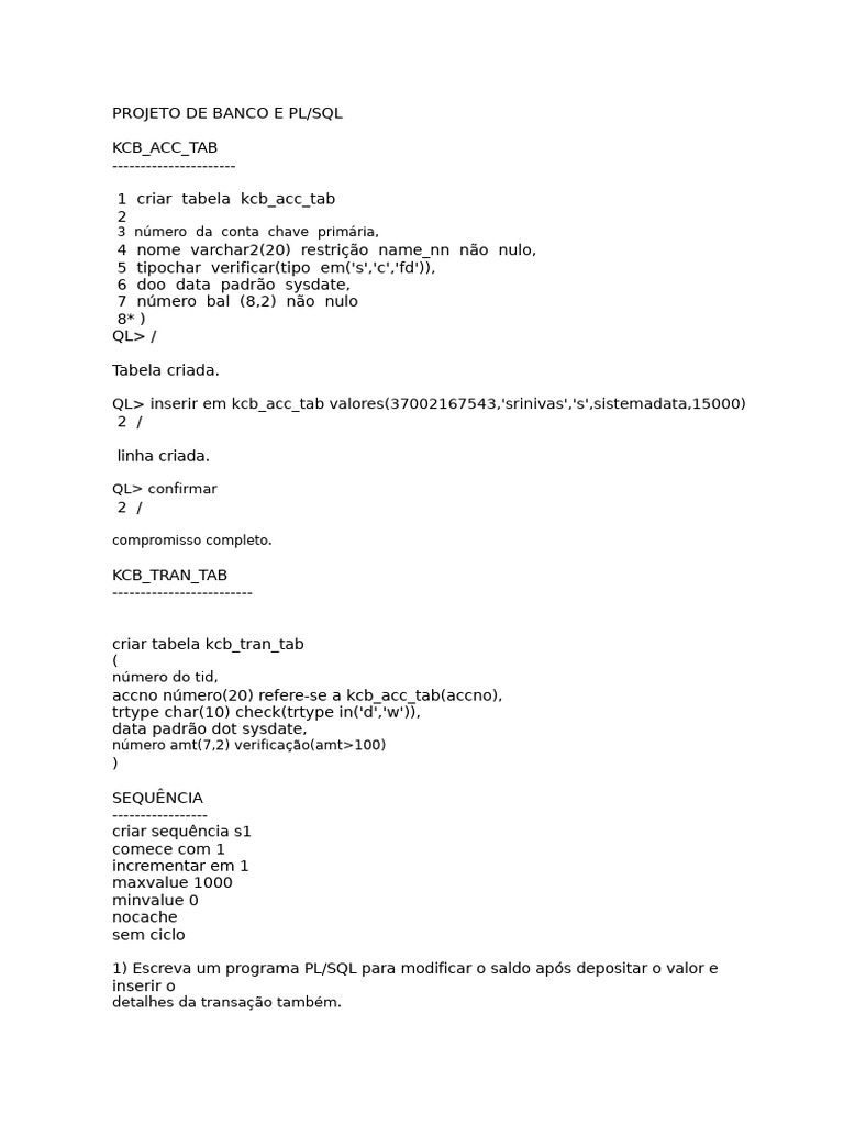 Projeto Bancário e PL | PDF | PL/SQL | SQL