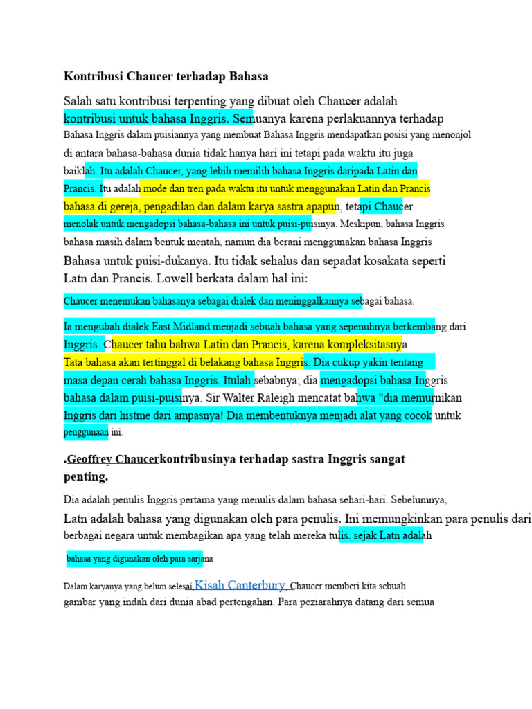 Kontribusi Chaucer Terhadap Bahasa Inggris Dan Sastra Inggris | PDF