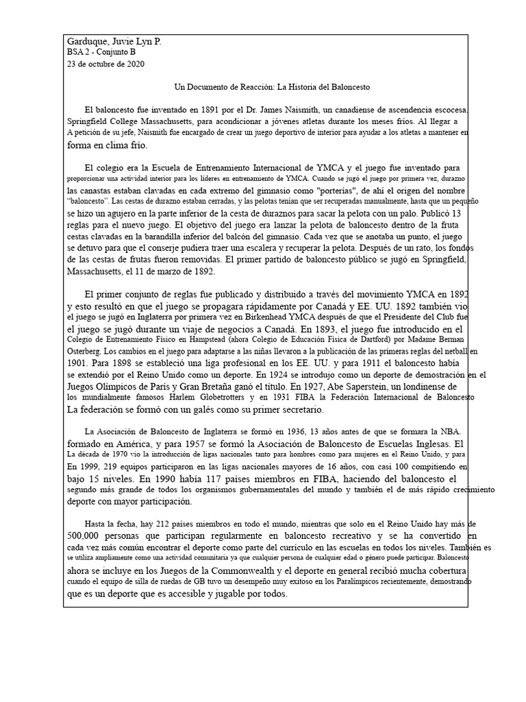 Actividad 5 PE103 - TRABAJO DE REACCIÓN HISTORIA DEL BALONCESTO - GARDUQUE JUVIE LYN P. BSA 2 ...